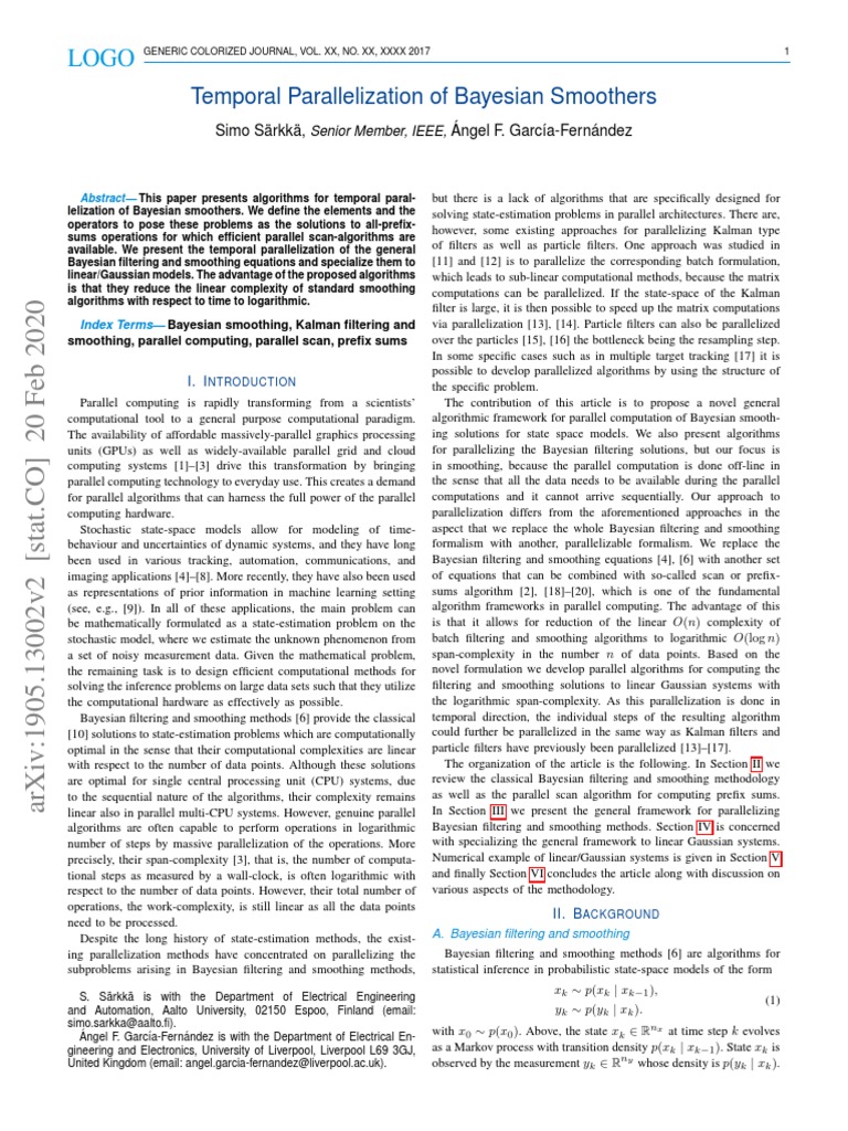 Temporal Parallelization of Bayesian Smoothers | PDF | Kalman Filter | Parallel Computing