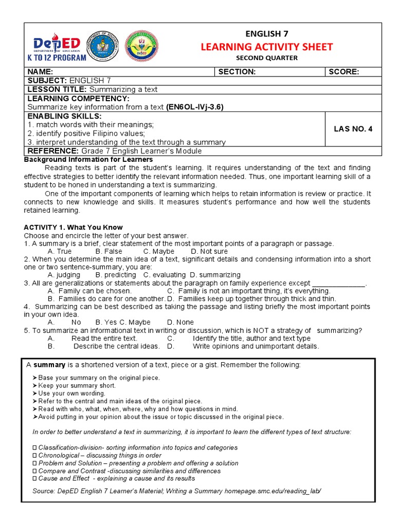 Learning Activity Sheet: English 7 | PDF | Learning | Deforestation