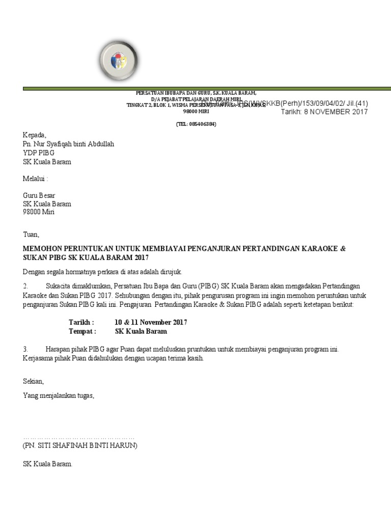 Surat Memohon Peruntukan Hari Sukan Pibg | PDF