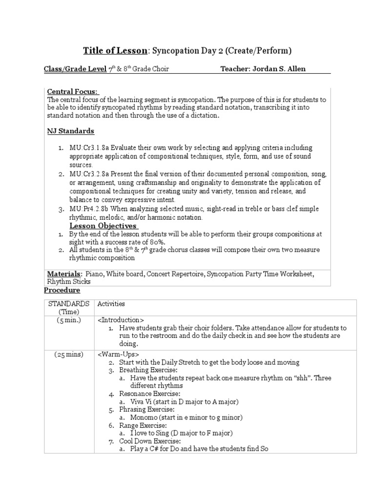 Title of Lesson: Syncopation Day 2 (Create/Perform) : Class/Grade Level ...