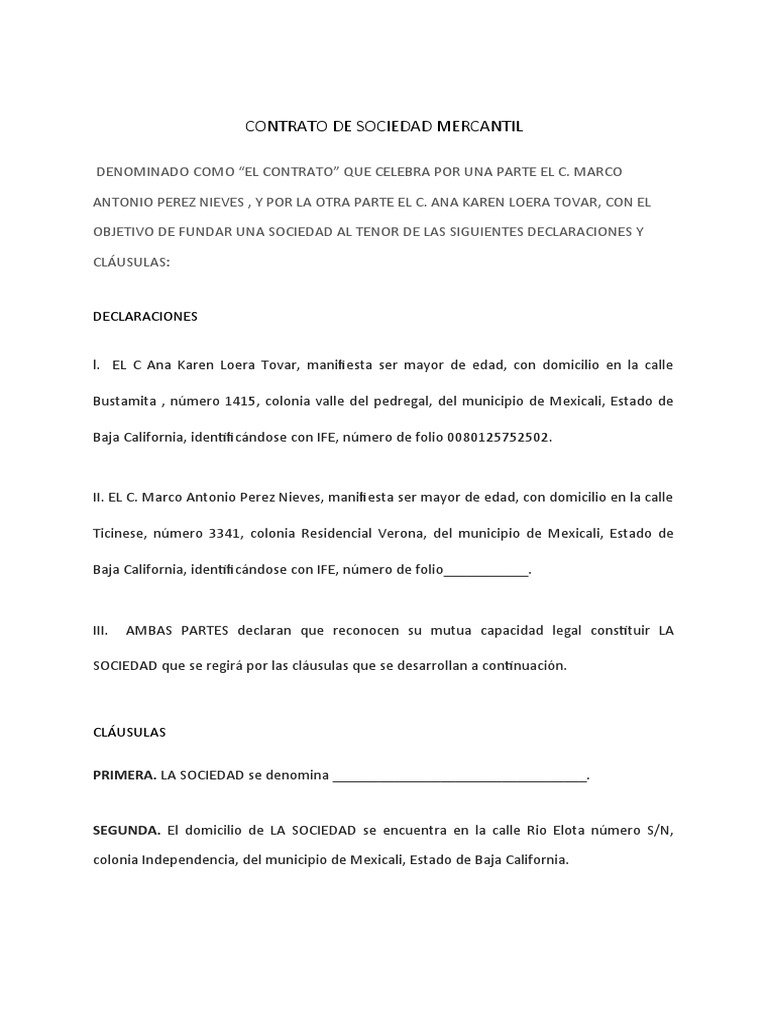 Contrato de Sociedad Mercantil | PDF