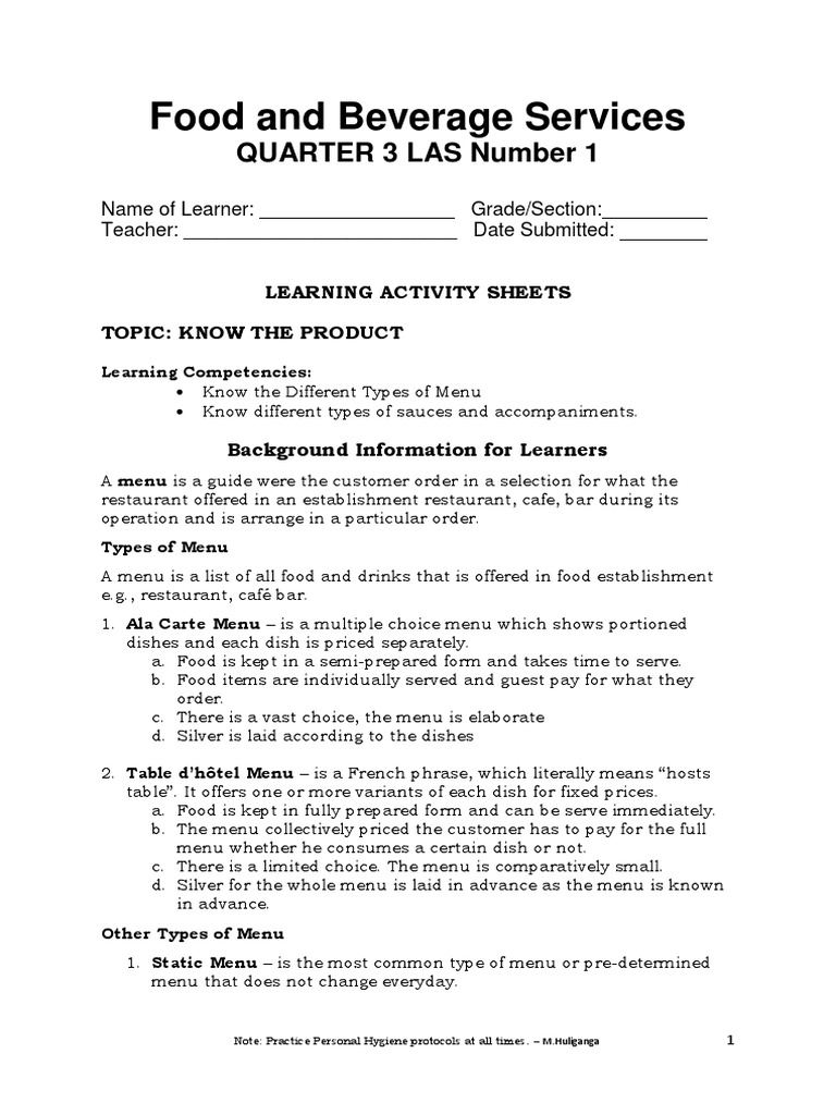 Types of Menus in Food Service | PDF | Menu | Salad