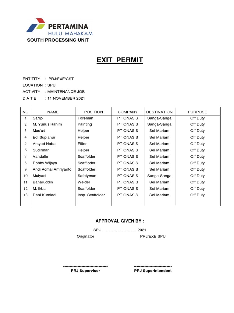 Exit Permit Form 11 NOV 2021 | PDF