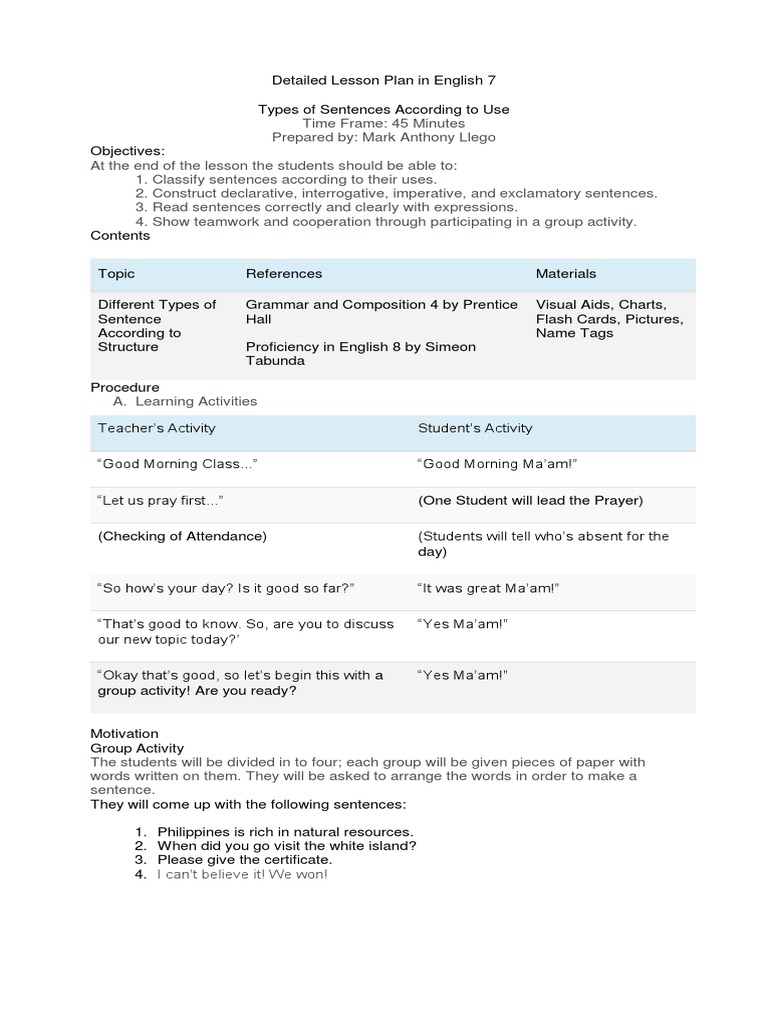 Detailed Lesson Plan in English 7 | PDF | Question | Sentence (Linguistics)