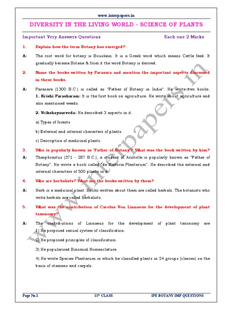 Botony - Diversity in The Living World - Science of Plants | PDF ...