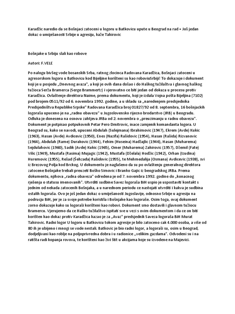 Batkovic U SRBIJU | PDF