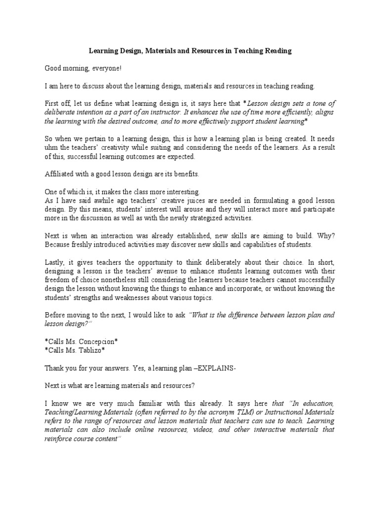 Learning Design, Materials and Resources in Teaching Reading | PDF ...