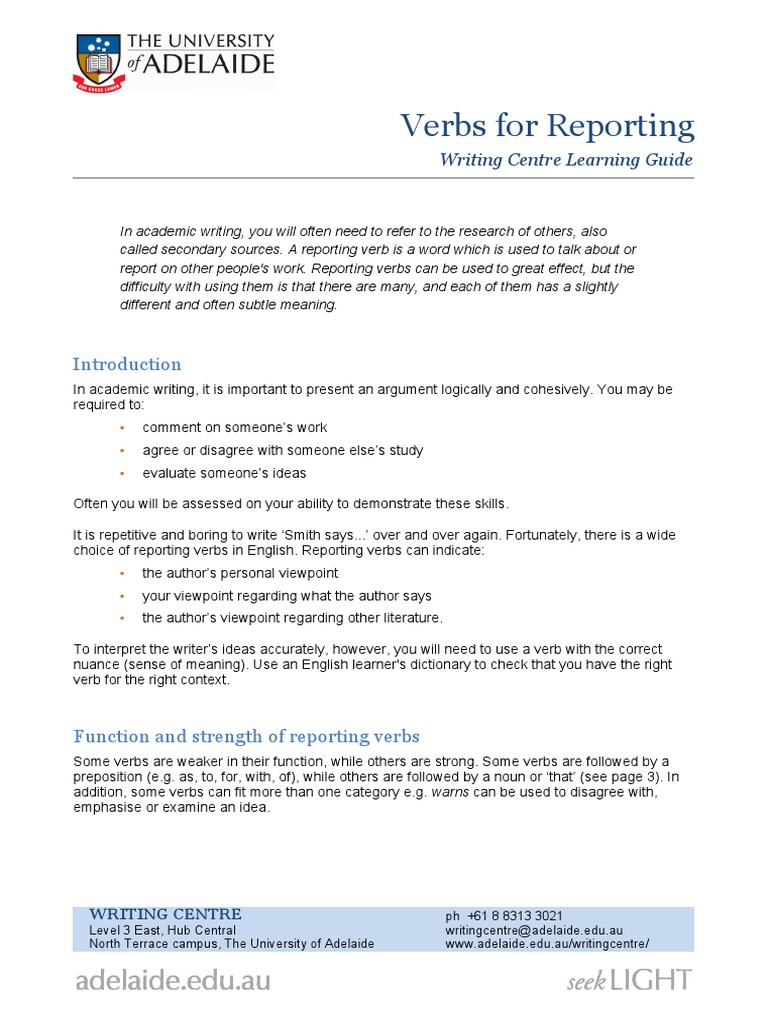 Verbs For Reporting: Writing Centre Learning Guide | PDF | Verb | English Language