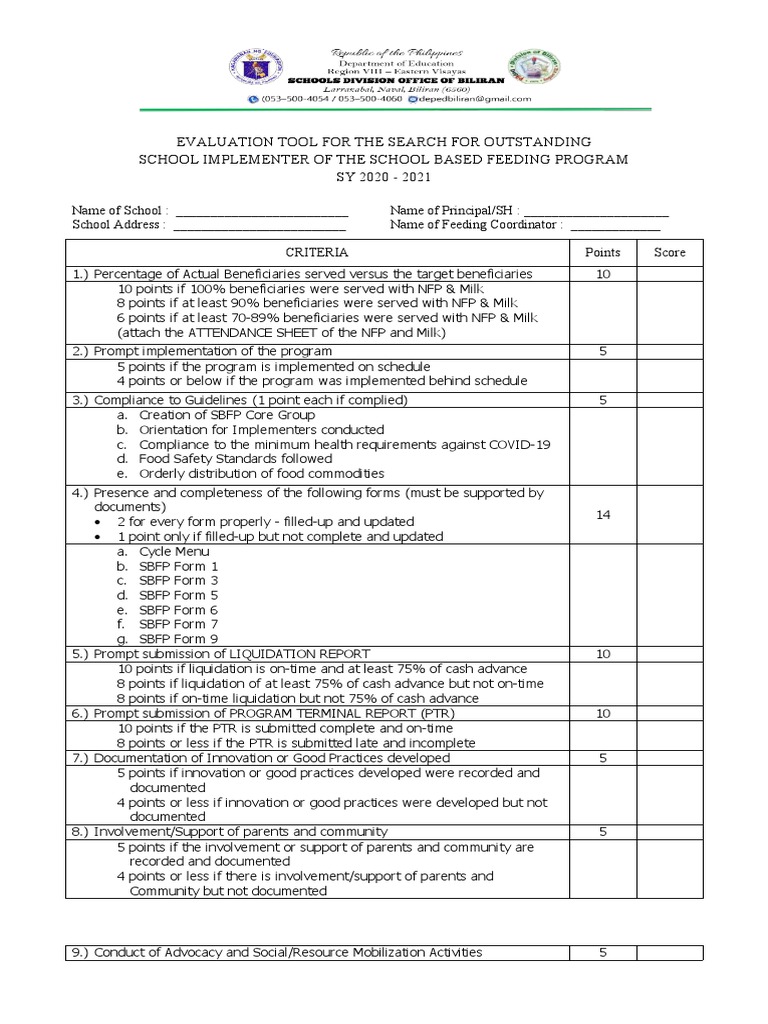 Evaluation Tool For The Search For Outstanding School Implementer of ...