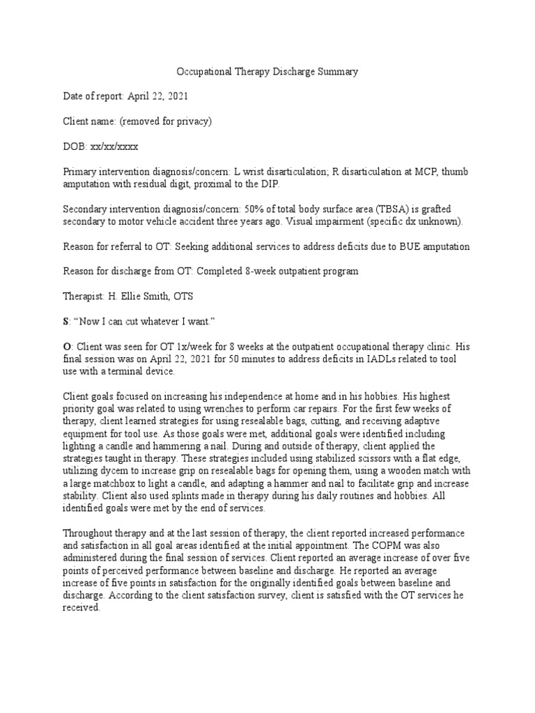 Occupational Therapy Discharge Summary | PDF | Occupational Therapy ...