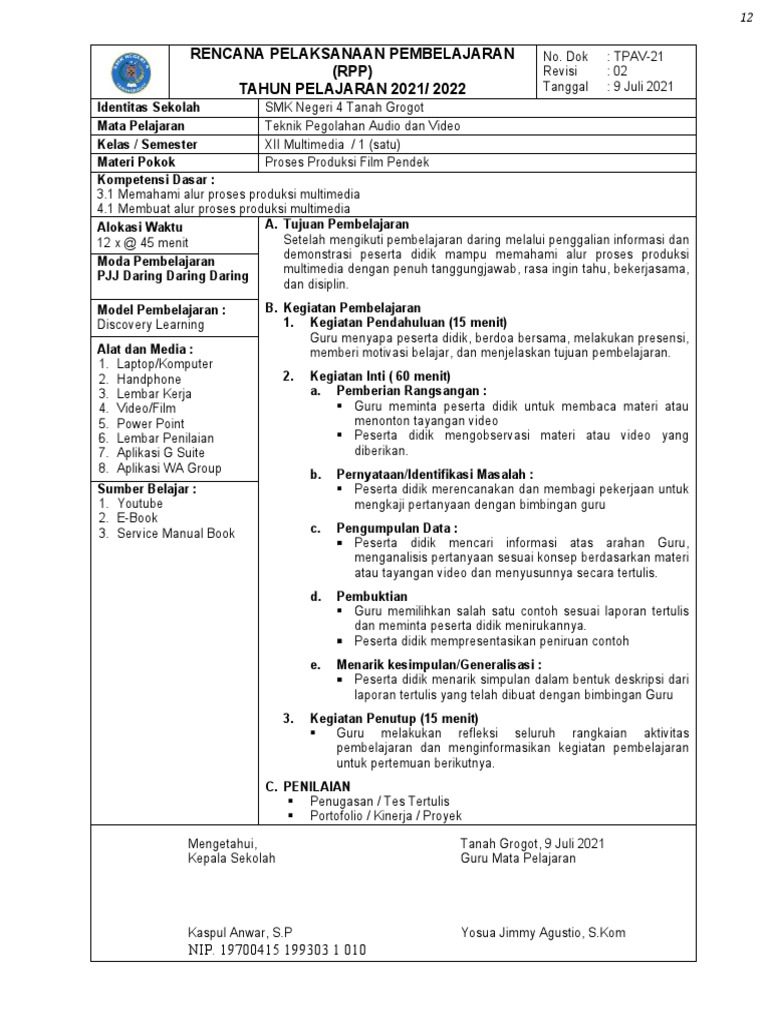 RPP Tpav KD 3.1 4.1 | PDF