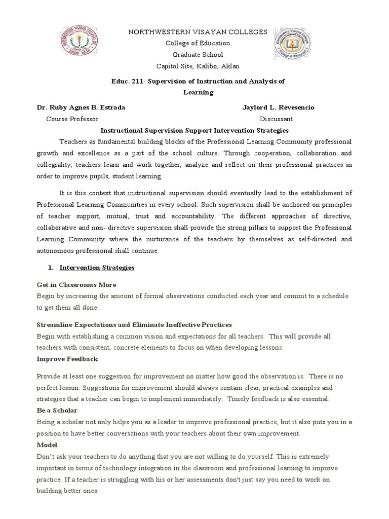 Educ. 211-Supervision of Instruction and Analysis of Learning Dr. Ruby ...