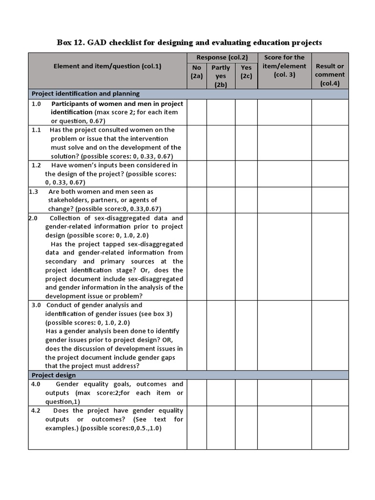 Box 12. GAD Checklist For Designing and Evaluating Education Projects ...