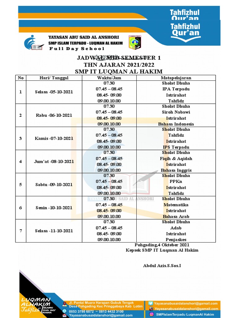 Jadwal Mid Semester 1 THN AJARAN 2021/2022 SMP It Luqman Al Hakim | PDF