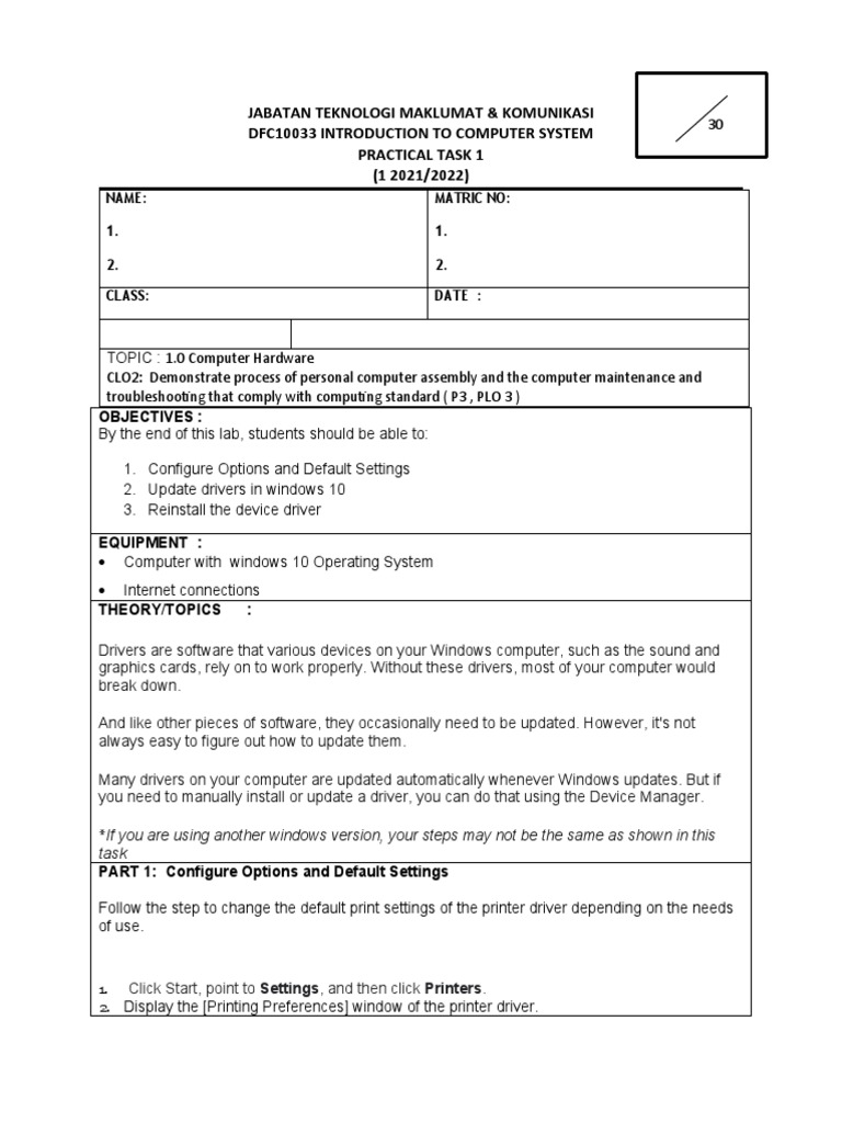 Jabatan Teknologi Maklumat & Komunikasi Dfc10033 Introduction To Computer System Practical Task ...
