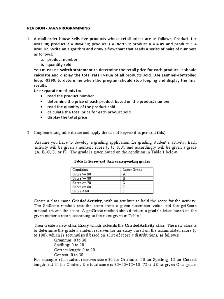 Revision Java Programming Table 1 Scores And Their Corresponding