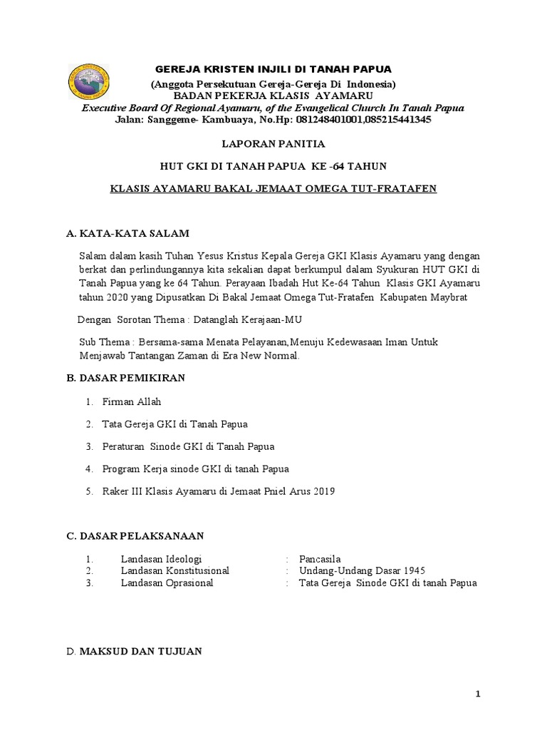 Laporan Panitia HUT GKI 64 THN 2020 | PDF
