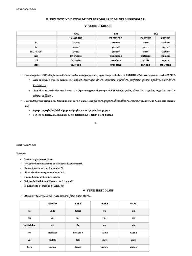 Il Presente Indicativo Dei Verbi Regolari e Dei Verbi Irregolari | PDF