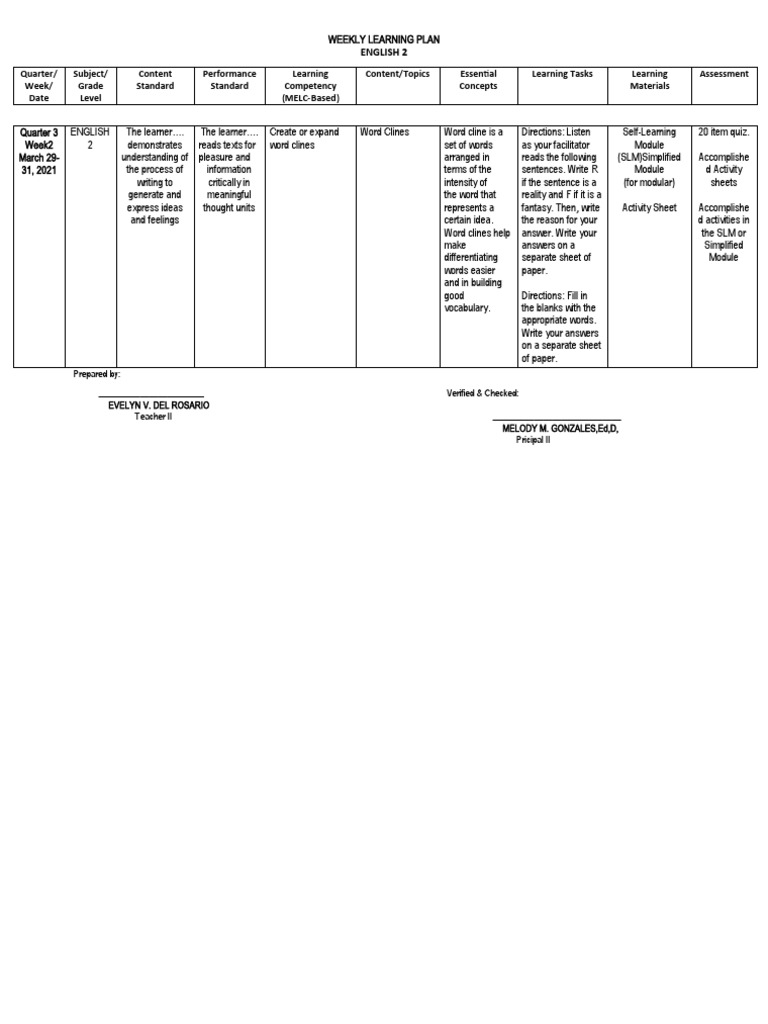 Weekly Learning Plan English2 q3 Wk2 | PDF | Learning | Educational ...