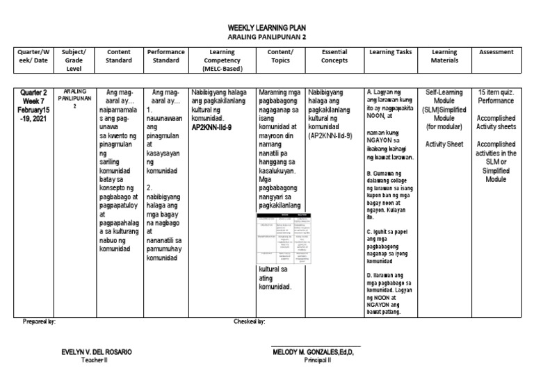 Weekly Learning Plan Ap2 q2 Wk7 | PDF