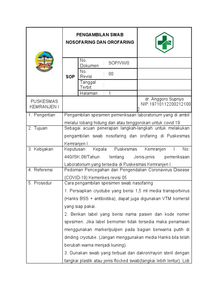 SOP Swab Nasofaring & Orofaring | PDF