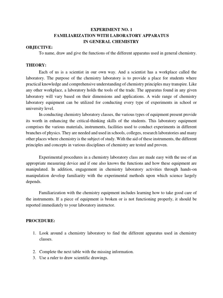 Experiment No. 1 Familiarization With Laboratory Apparatus in General Chemistry Objective | PDF ...
