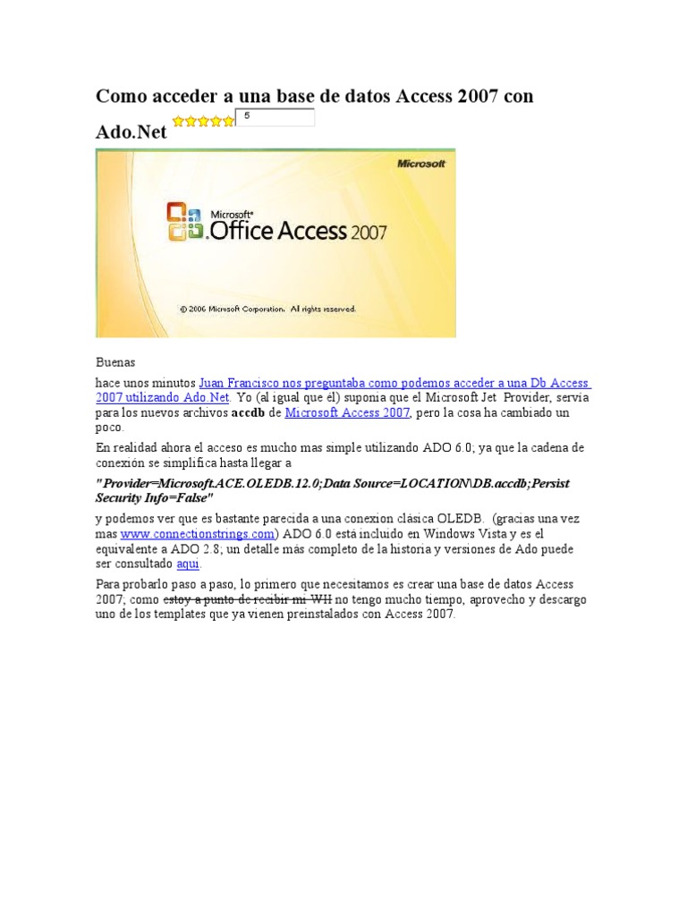 Como Acceder A Una Base de Datos Access 2007 Con Ado | PDF | Active X Data Objects | Point and Click