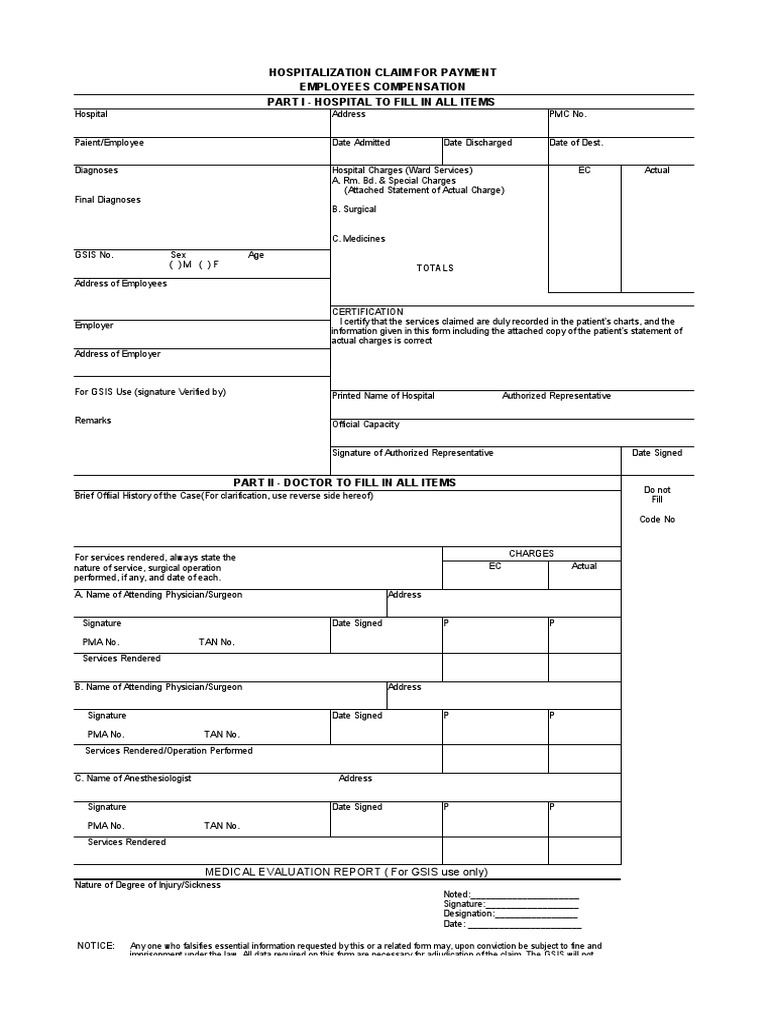 Hospitalization Claim For Payment Employees Compensation Part I ...