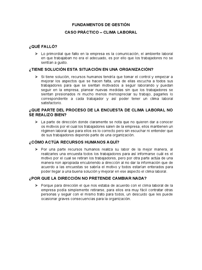 Fundamentos de Gestión Caso - Clima Laboral | PDF