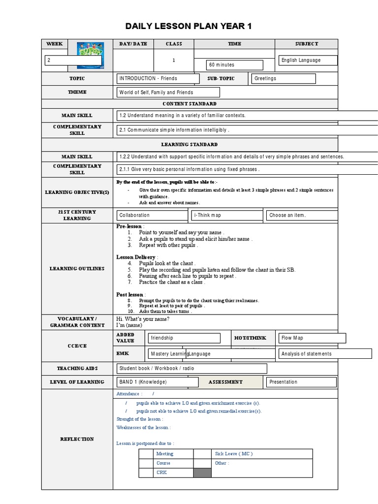 Year 1 Daily Lesson Plan Overview | PDF | Lesson Plan | Learning
