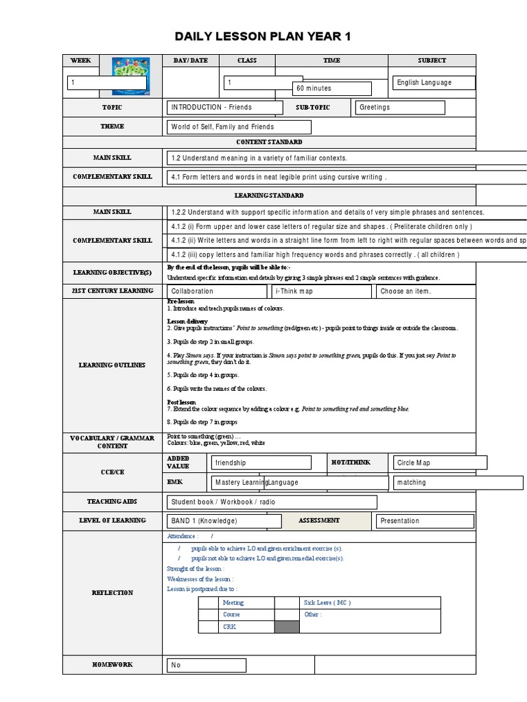 Year 1 Daily Lesson Plan: Friendship | PDF | Lesson Plan | Learning