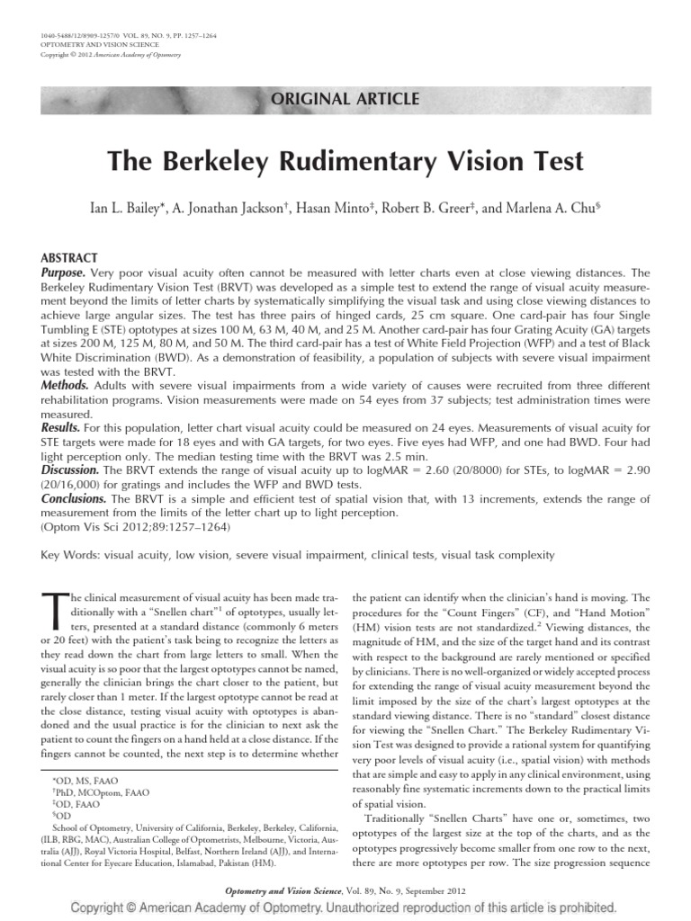 The Berkeley Rudimentary Vision Test: Original Article | PDF | Visual ...