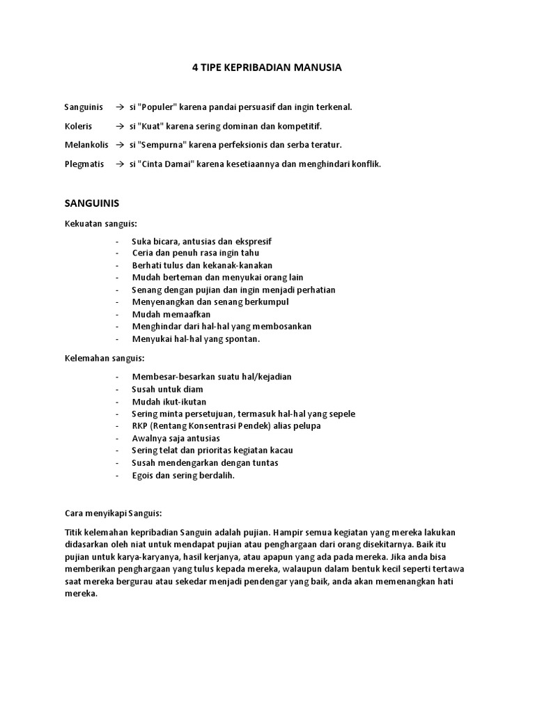 4 Tipe Kepribadian Manusia | PDF