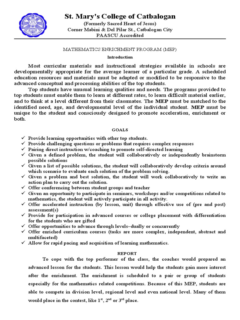St. Mary's College of Catbalogan: Mathematics Enrichment Program (Mep ...