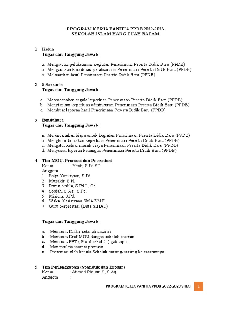 Program Kerja Panitia PPDB 2022-2023 SIHAT | PDF | Karier & Perkembangan