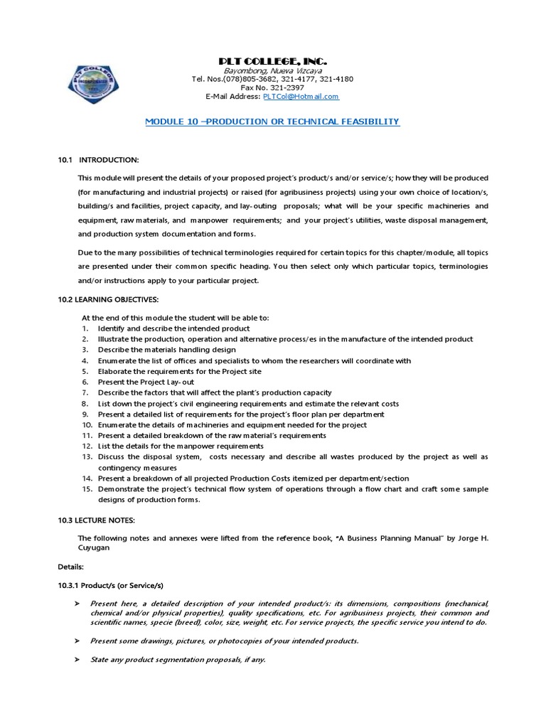 Technical Feasibility Analysis and Production Planning for a Proposed ...