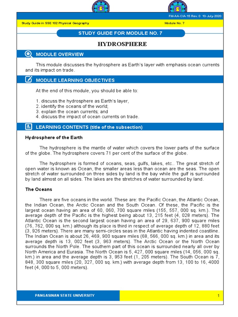 Hydrosphere: Study Guide For Module No. 7 | PDF | Oceans | Atlantic Ocean