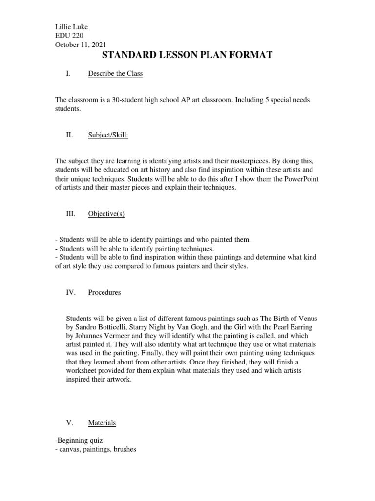 Standard Lesson Plan Format | PDF