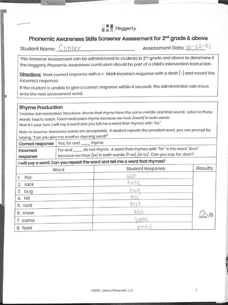 Heggerty Assessment | PDF