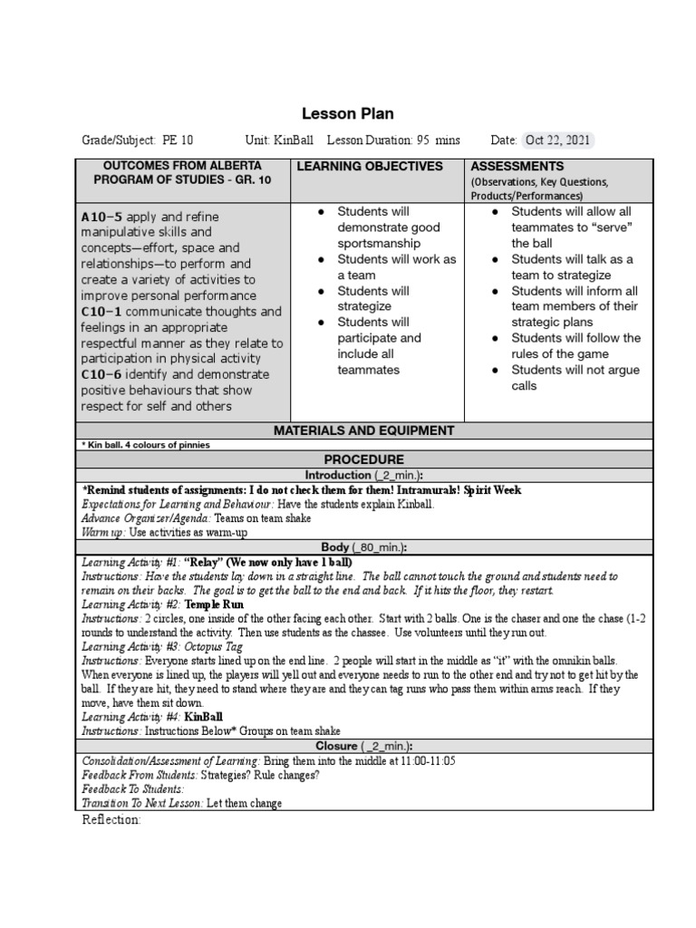 PE 10 KinBall Lesson Plan | PDF | Lesson Plan | Cognition