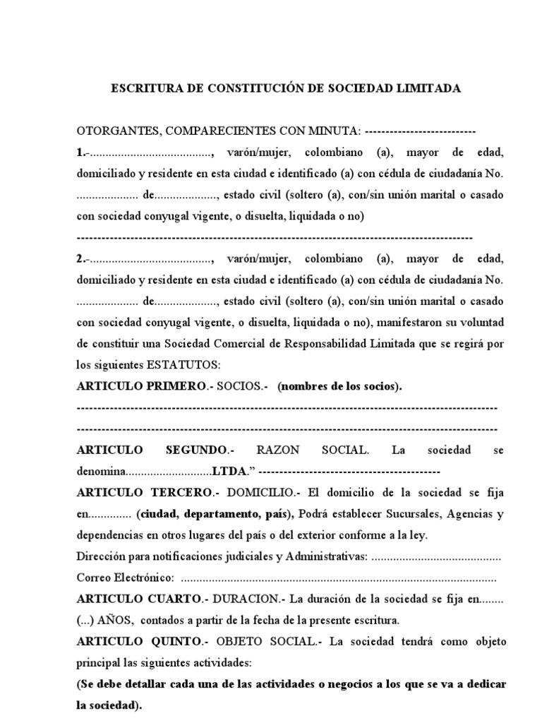 Ejemplo Escritura De Constitución De Sociedad De Responsabilidad
