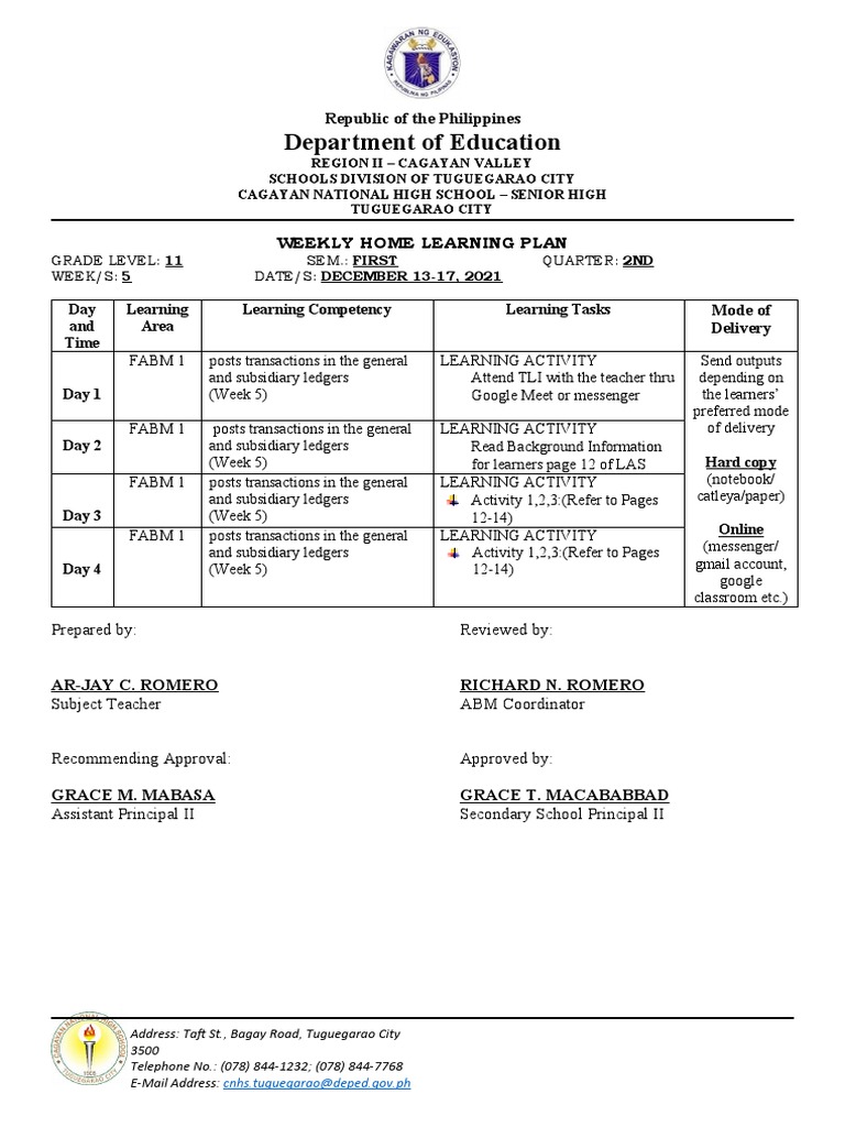 Weekly Home Learning Plan for FABM 1 Transactions | PDF | Cognition | Behavior Modification