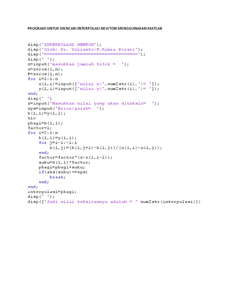Syntax Matlab Metode Interpolasi Newton | PDF