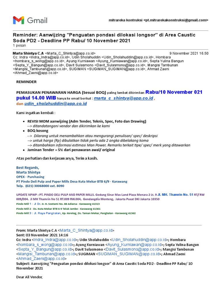 Reminder: Aanwijzing "Penguatan Pondasi Dilokasi Longsor" Di Area Caustic Soda PD2 - Deadline PP ...