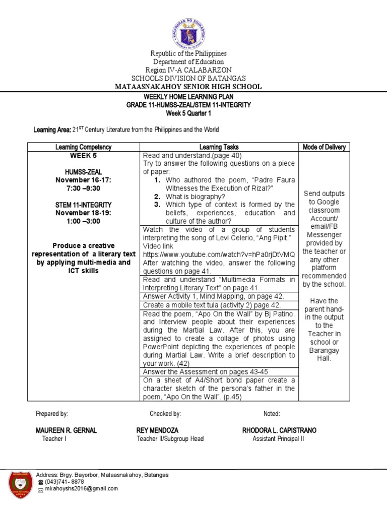 Weekly Learning Plan for Grade 11 Literature | PDF | Multimedia | Learning