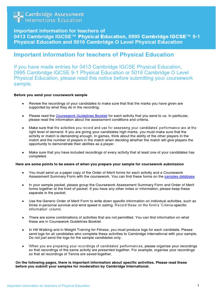 Physical Education 0413 - Preparation of Coursework Samples Information ...