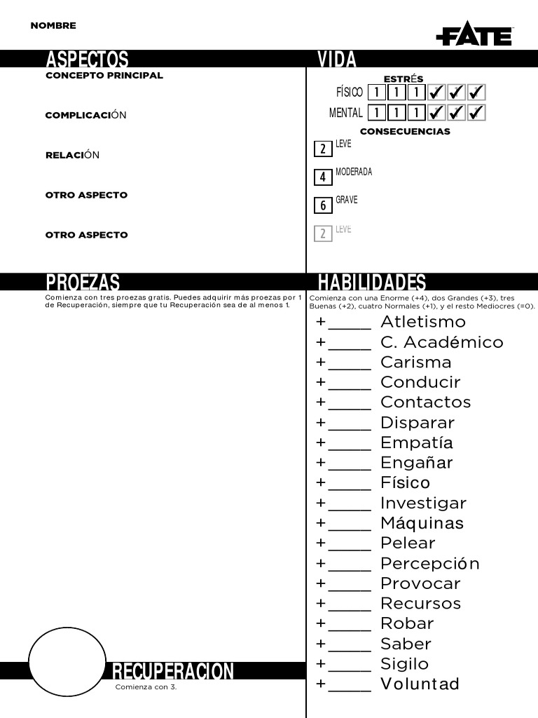 Fate Condensado Hoja de Personaje Rellenable | PDF | Sicología | Cognición