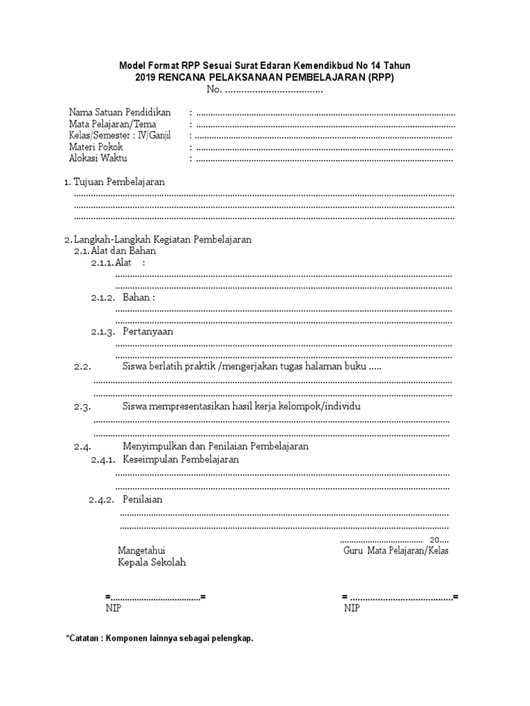 Format RPP Sesuai Surat Edaran Mendikbud No 14 Tahun 2019 | PDF