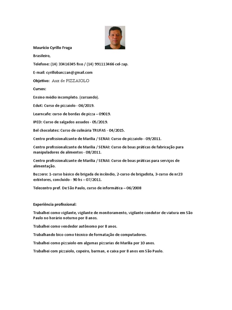 CURRÍCULO Pizzaiolo | PDF