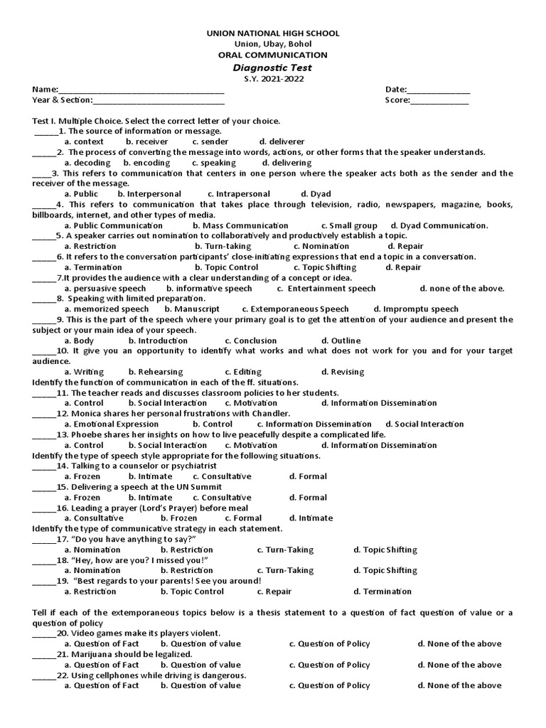 Oral Com Diagnostic Test | PDF | Communication | Human Communication